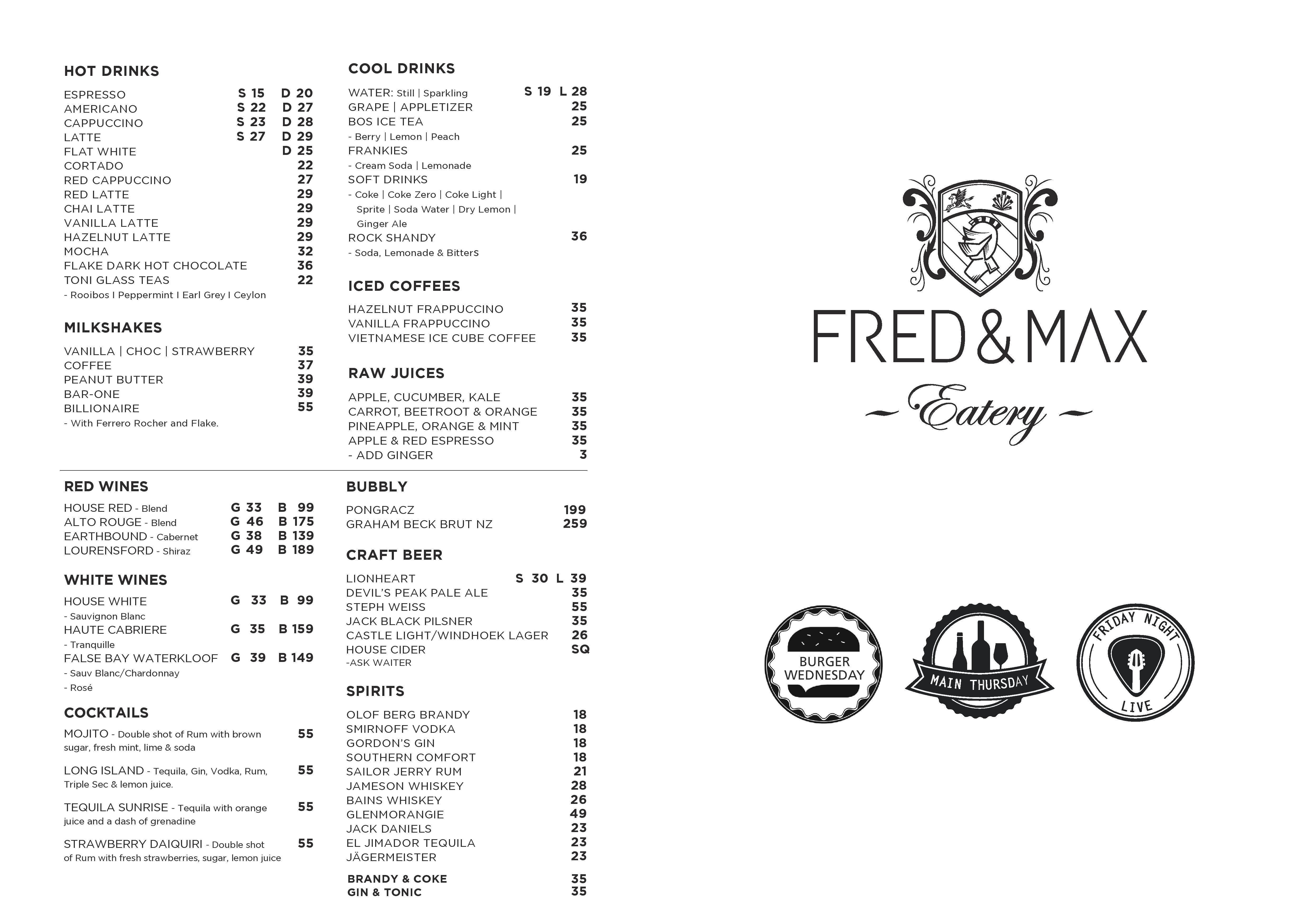 Speisekarte von Fred & Max cafe, Kapstadt