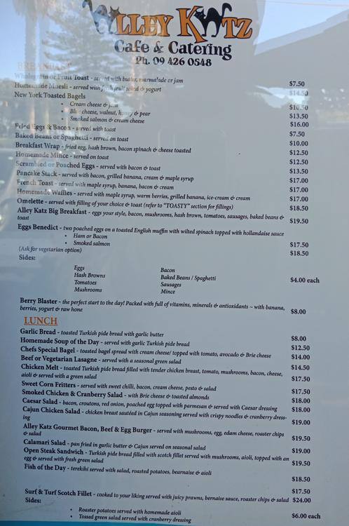 Menu at Alley Katz cafe, Orewa, 358 Hibiscus Coast Hwy