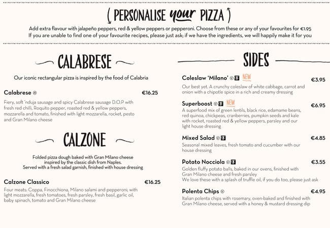 Menu at Milano restaurant, Dublin, & First Floor