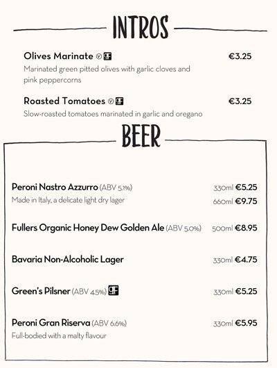 Menu at Milano restaurant, Dublin, & First Floor