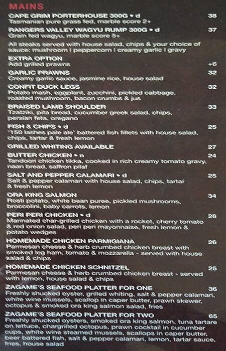Menu at Zagamis restaurant, Reservoir
