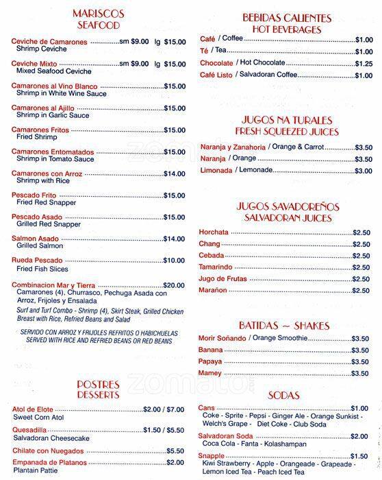 Menu at La Cabana Salvadorena restaurant, New York City