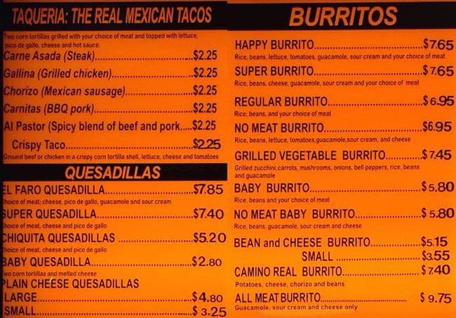 Menu at El Faro's Mexican Food restaurant, South San Francisco