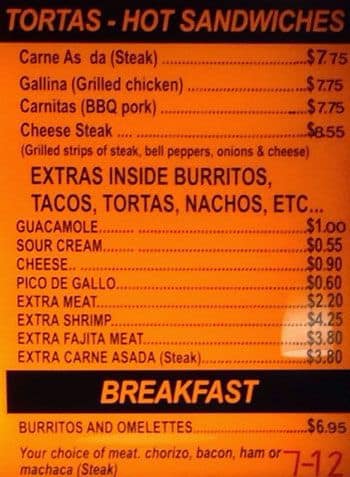 Menu at El Faro's Mexican Food restaurant, South San Francisco