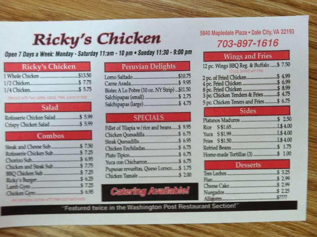 Menu at Ricky's Chicken restaurant, Dale City