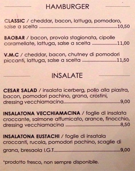 Menu at Baobar, Milan