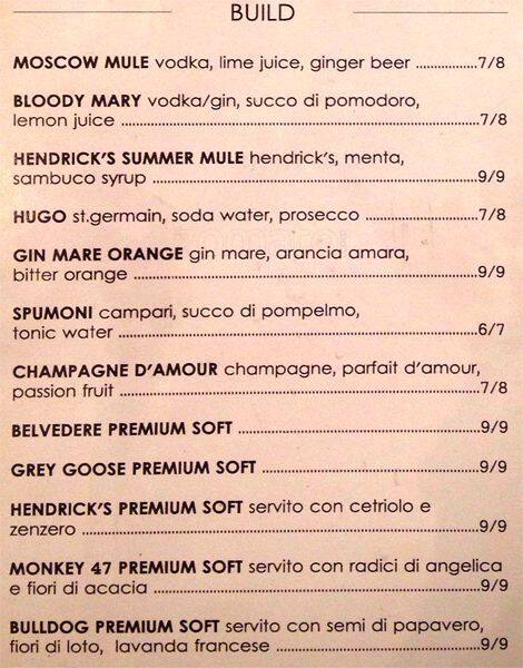 Menu at Baobar, Milan