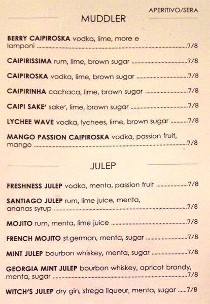 Menu at Baobar, Milan