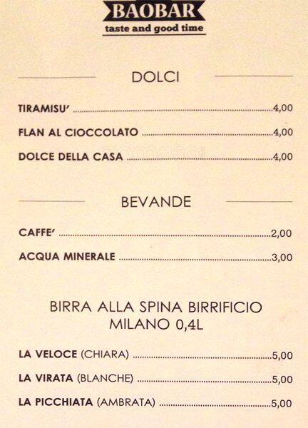 Menu at Baobar, Milan