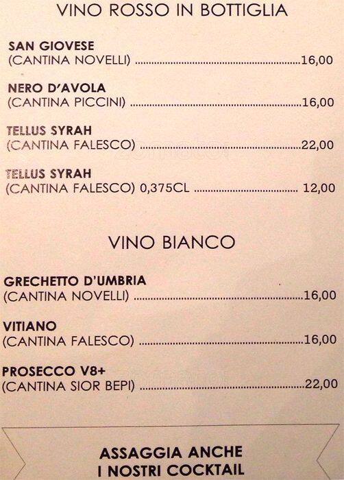 Menu at Baobar, Milan