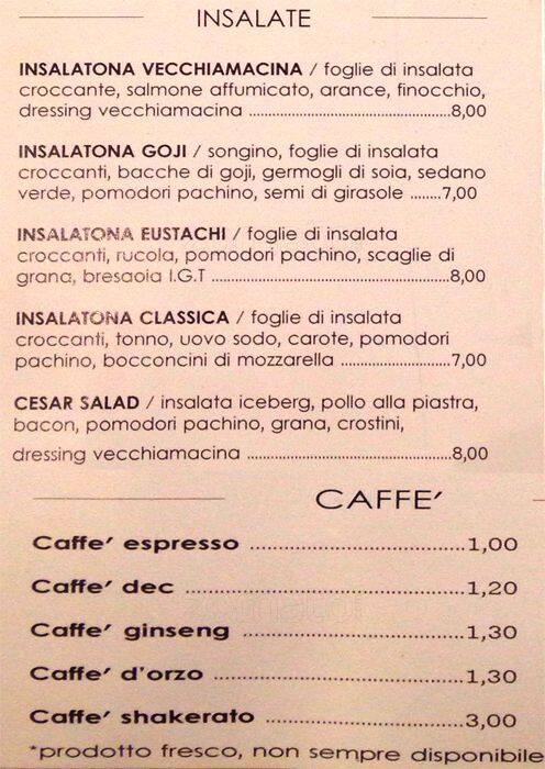 Menu at Baobar, Milan