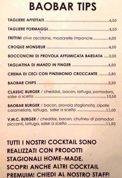 Menu at Baobar, Milan