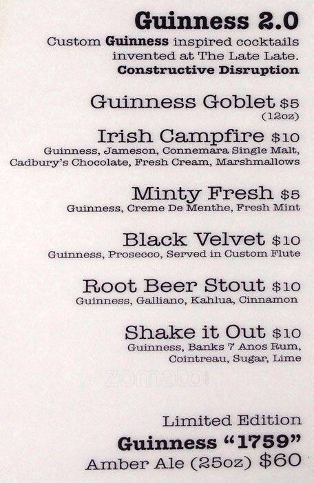 Menu at The Late Late pub & bar, New York City