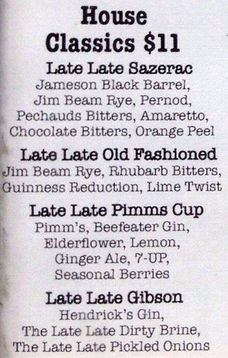 Menu at The Late Late pub & bar, New York City