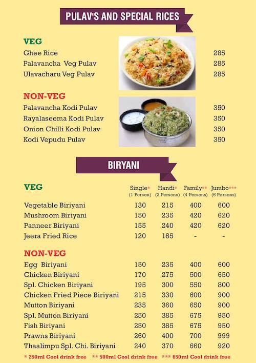 Menu at Thalimpu, Hyderabad