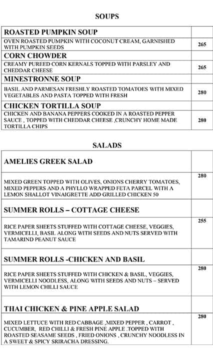 Menu of Amelie's, Alwarpet, Chennai