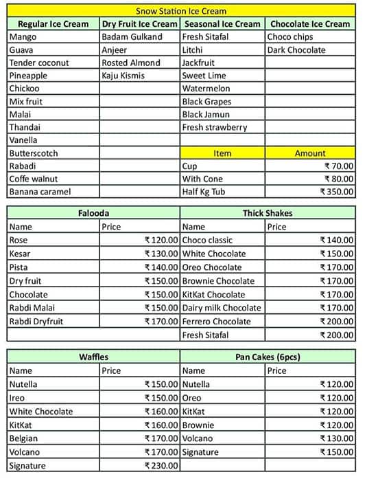 Menu of Snow Station Ice-Cream, Bhayandar, Mumbai