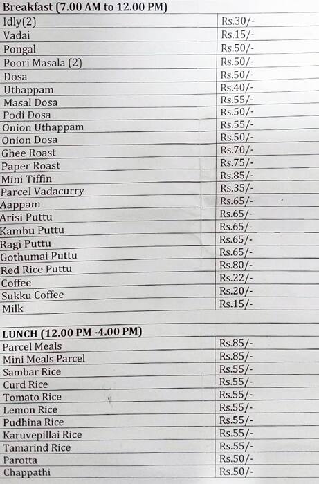 Menu at Sri Amma Mess, Chennai, 2 3 & 4