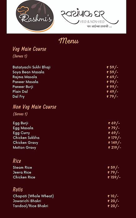 Menu of Rashmi's Swayampak Ghar, Khopat, Thane West, Thane