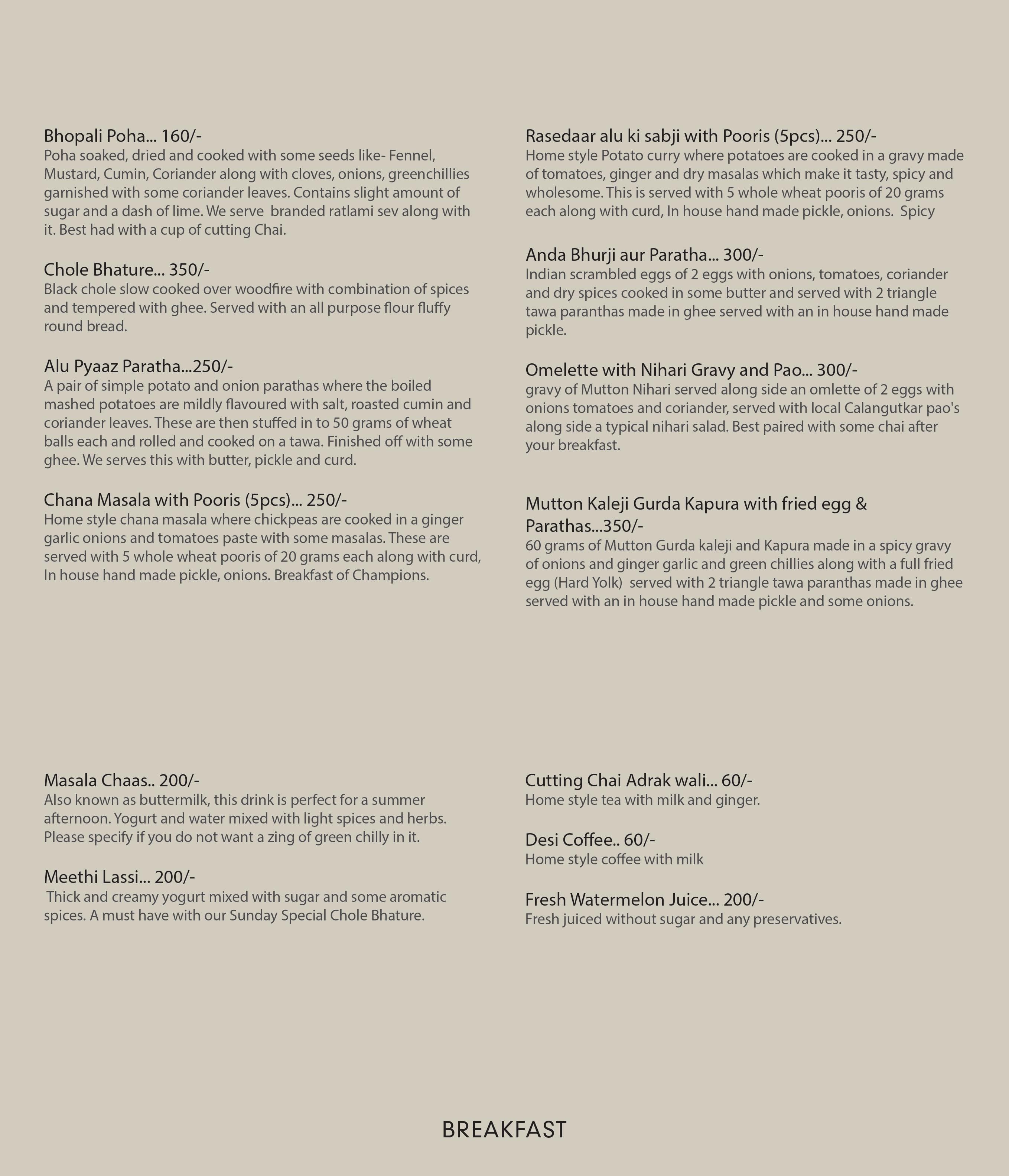 Menu of Chapter Two, Calangute, Goa