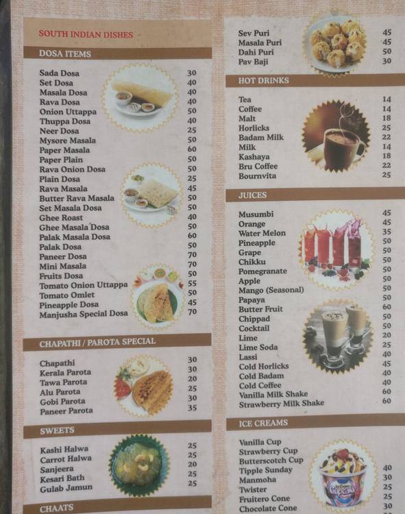 Menu at Hotel Manjusha, Mangaluru