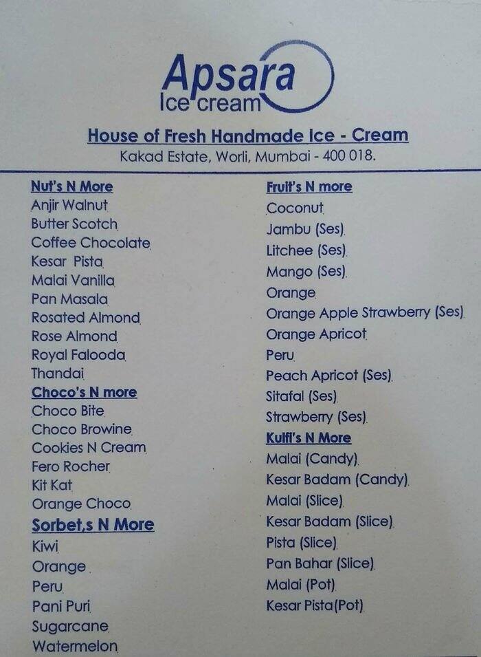 Menu at Apsara Ice Creams, Navi Mumbai, Shop 23