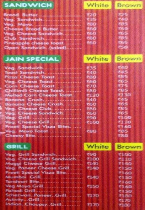 Menu at Preeti juice center, Mumbai