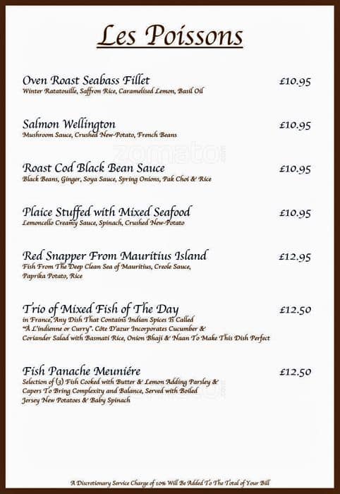 Menu at Cote d'Azur restaurant, Croydon