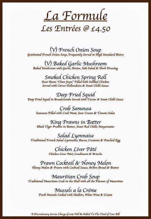 Menu at Cote d'Azur restaurant, Croydon