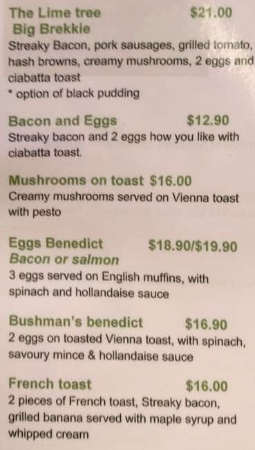 Menu at Lime Tree Cafe, Auckland, 730 Whitford Rd