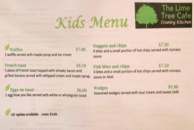Menu at Lime Tree Cafe, Auckland, 730 Whitford Rd