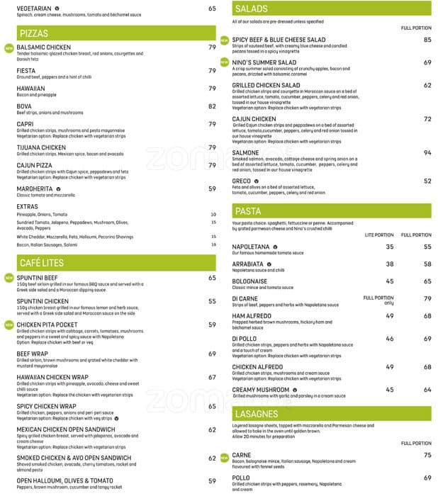 Speisekarte von Nino's cafe, Durban, Cowey Park