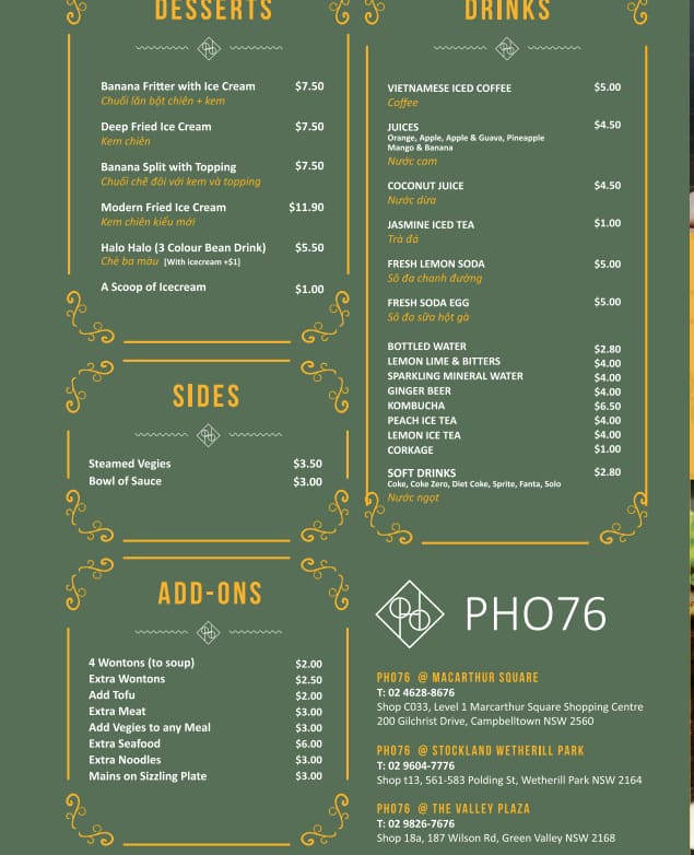 Menu at Pho 76 restaurant, Campbelltown