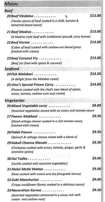 Menu at Vino's Indian Dhaba restaurant, Brooklyn Park
