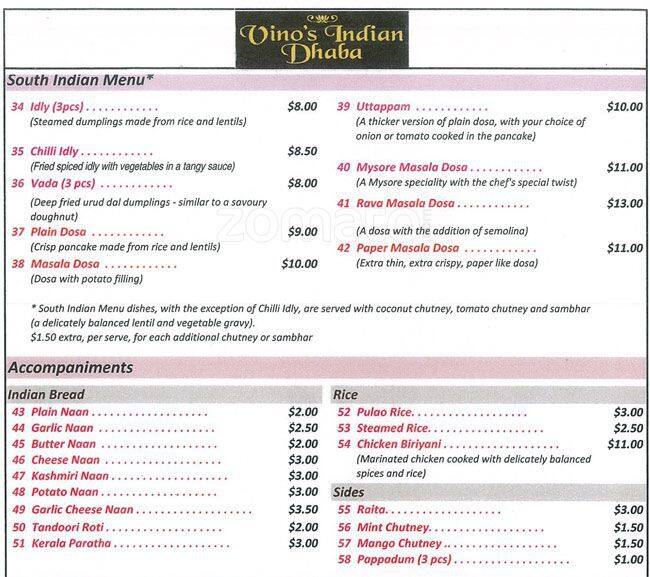 Menu at Vino's Indian Dhaba restaurant, Brooklyn Park