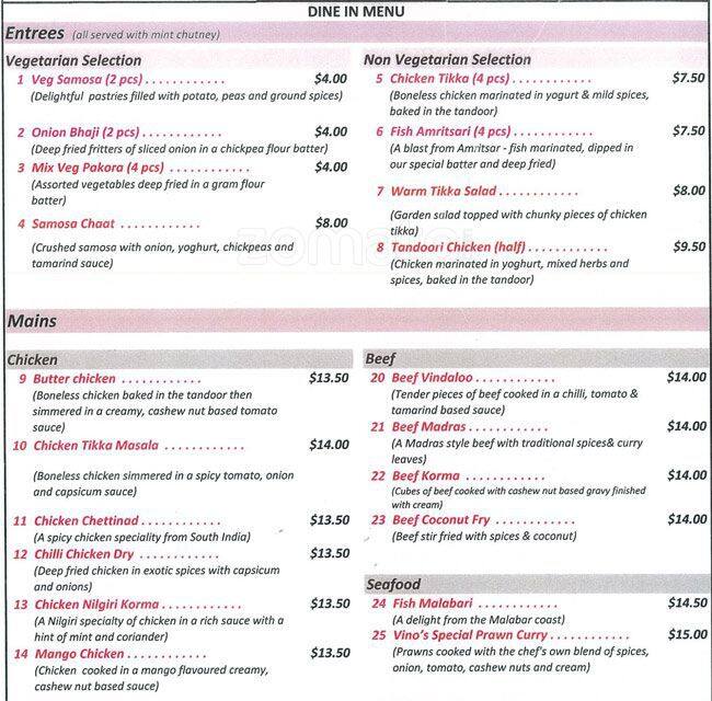 Menu at Vino's Indian Dhaba restaurant, Brooklyn Park