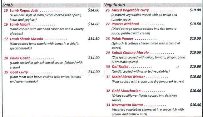 Menu at Vino's Indian Dhaba restaurant, Brooklyn Park