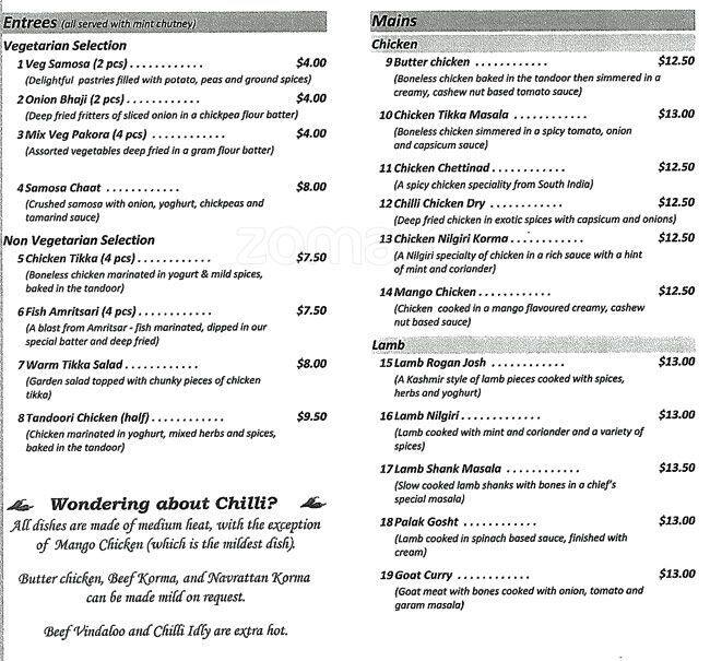 Menu at Vino's Indian Dhaba restaurant, Brooklyn Park