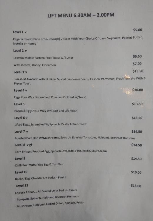 Menu at LIFT Cafe, Brisbane City