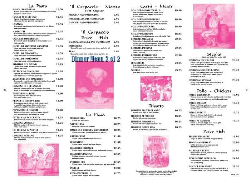 Menu at Villagio restaurant, Coral Gables, Village of Merrick Park