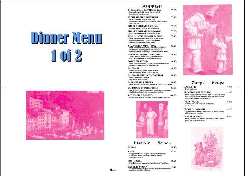 Menu at Villagio restaurant, Coral Gables, Village of Merrick Park