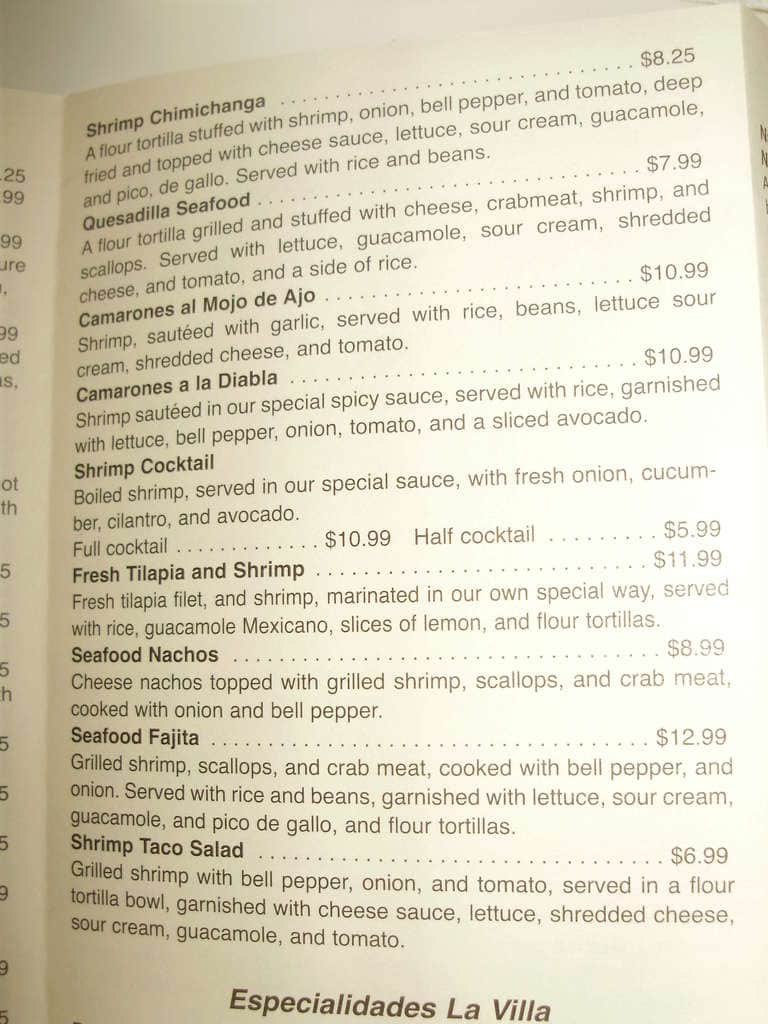 Menu at La Villa Mexican Restaurant, Mena