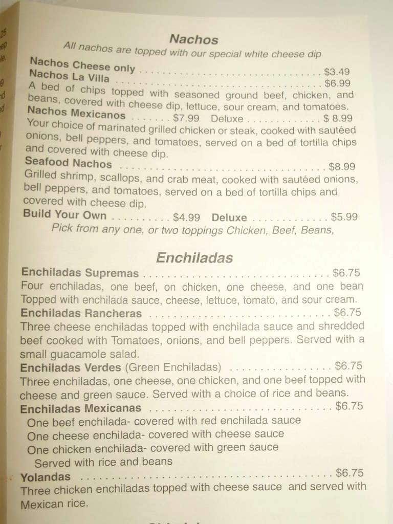 Menu at La Villa restaurant, Mena