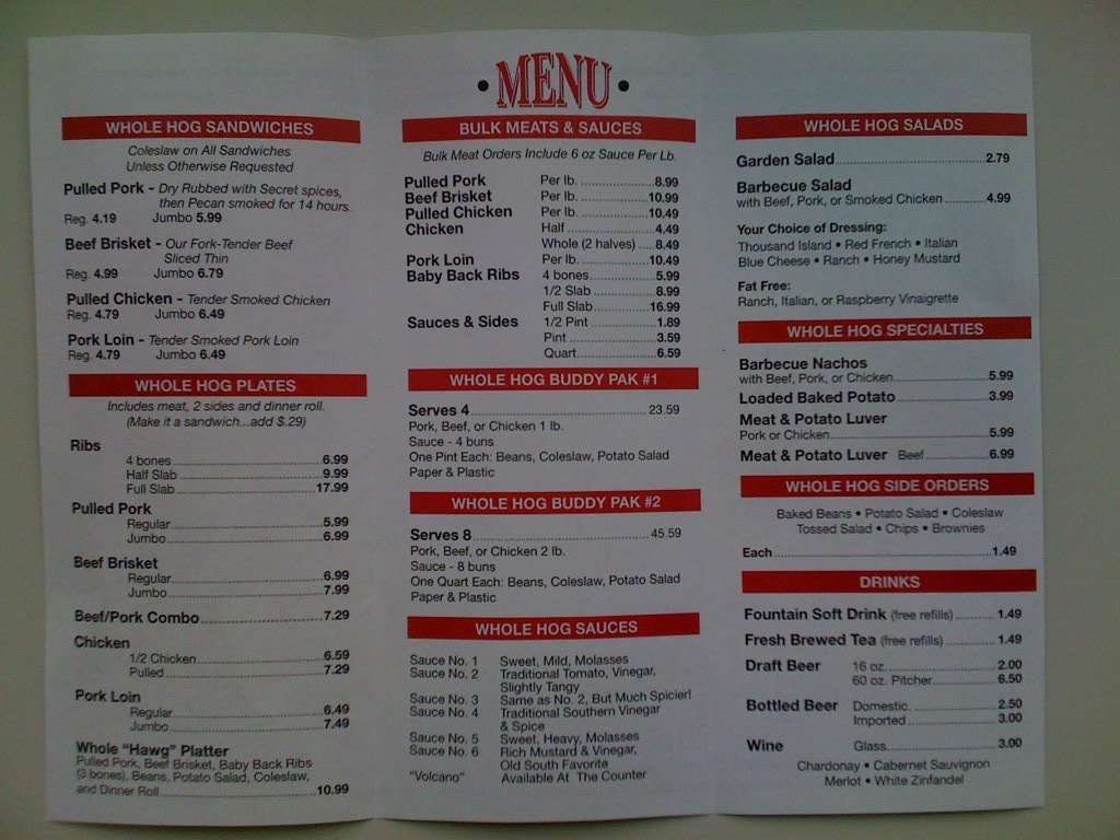 Menu at Whole Hog Cafe, Bentonville, SE Walton Blvd #46