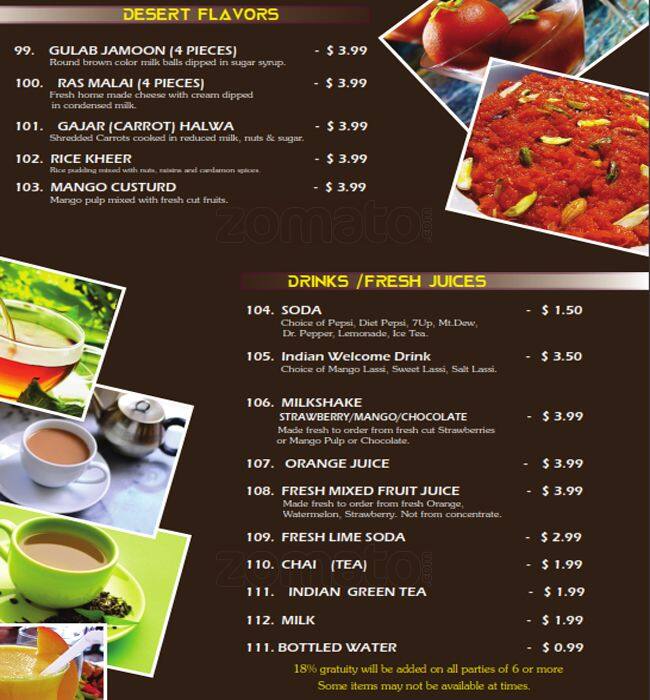 Menu at Flavors restaurant, Omaha