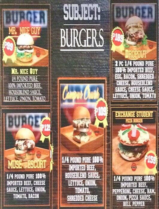 Menu at University Burger, Makati