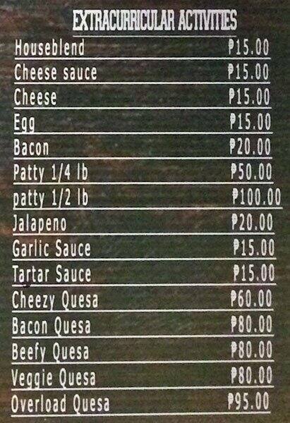 Menu at University Burger, Makati