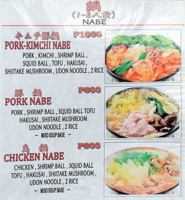 Menu at Keitaro Nabe restaurant, Quezon City