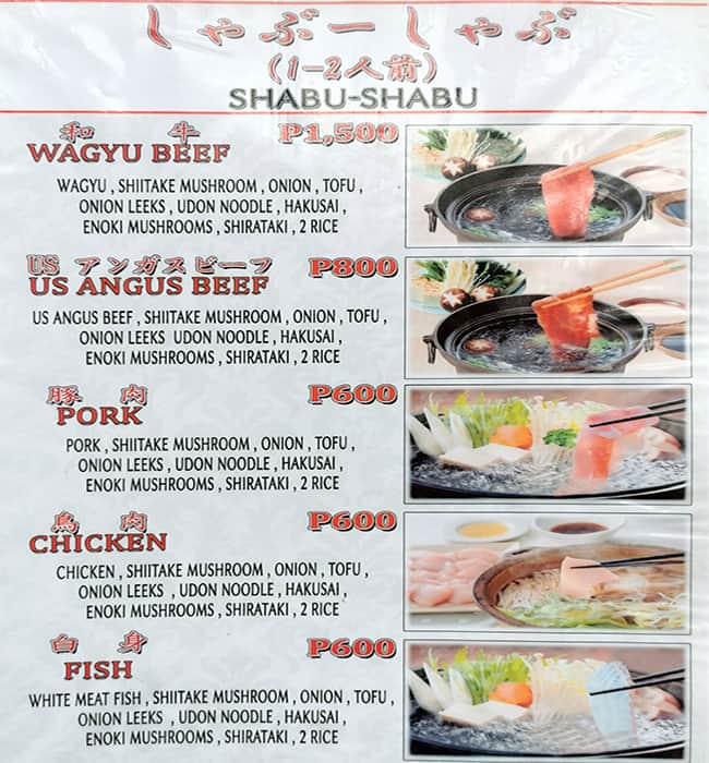 Menu at Keitaro Nabe restaurant, Quezon City