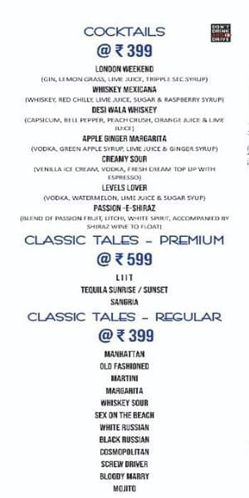 Menu of Levels - The Club, Sector 5, Salt Lake, Kolkata